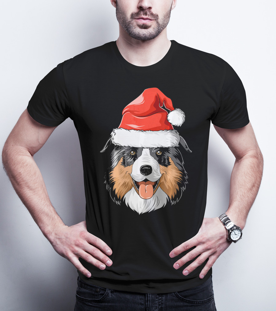 Australian Shepherd Dog Wearing Festive Santa Hat T-Shirt