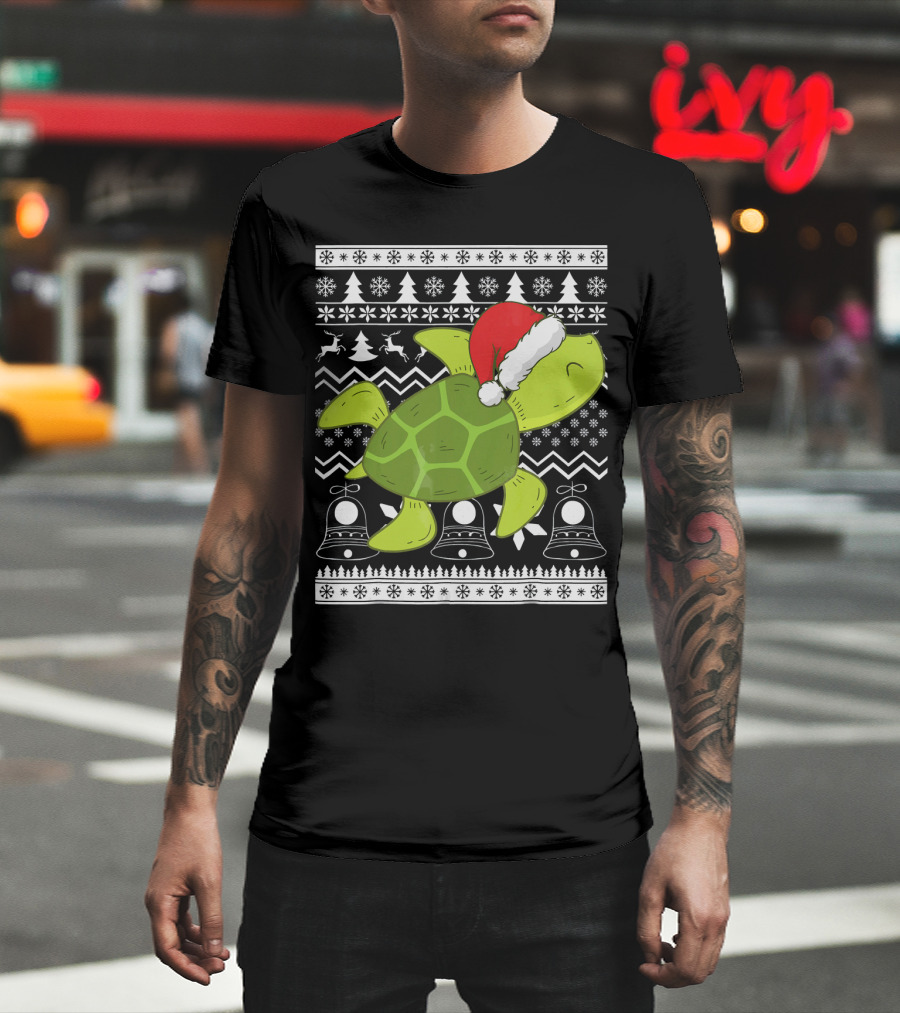 Sea Turtle Santa Holiday Sweater Design With Christmas Bells, Reindeer, Trees, And Snowflakes T-Shirt