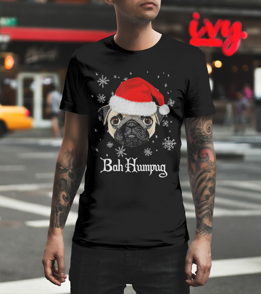 Bah Humpug Funny Christmas Pug Lover Santa Hat Snowflakes T-Shirt