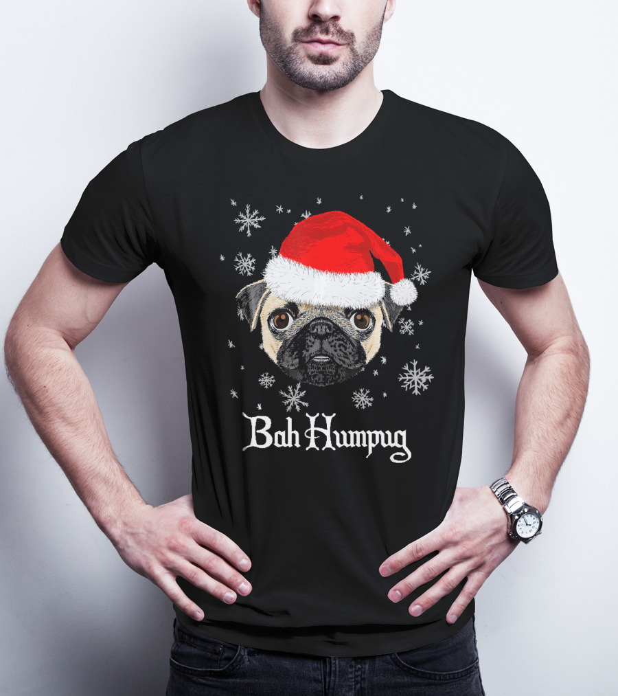 Bah Humpug Funny Christmas Pug Lover Santa Hat Snowflakes T-Shirt