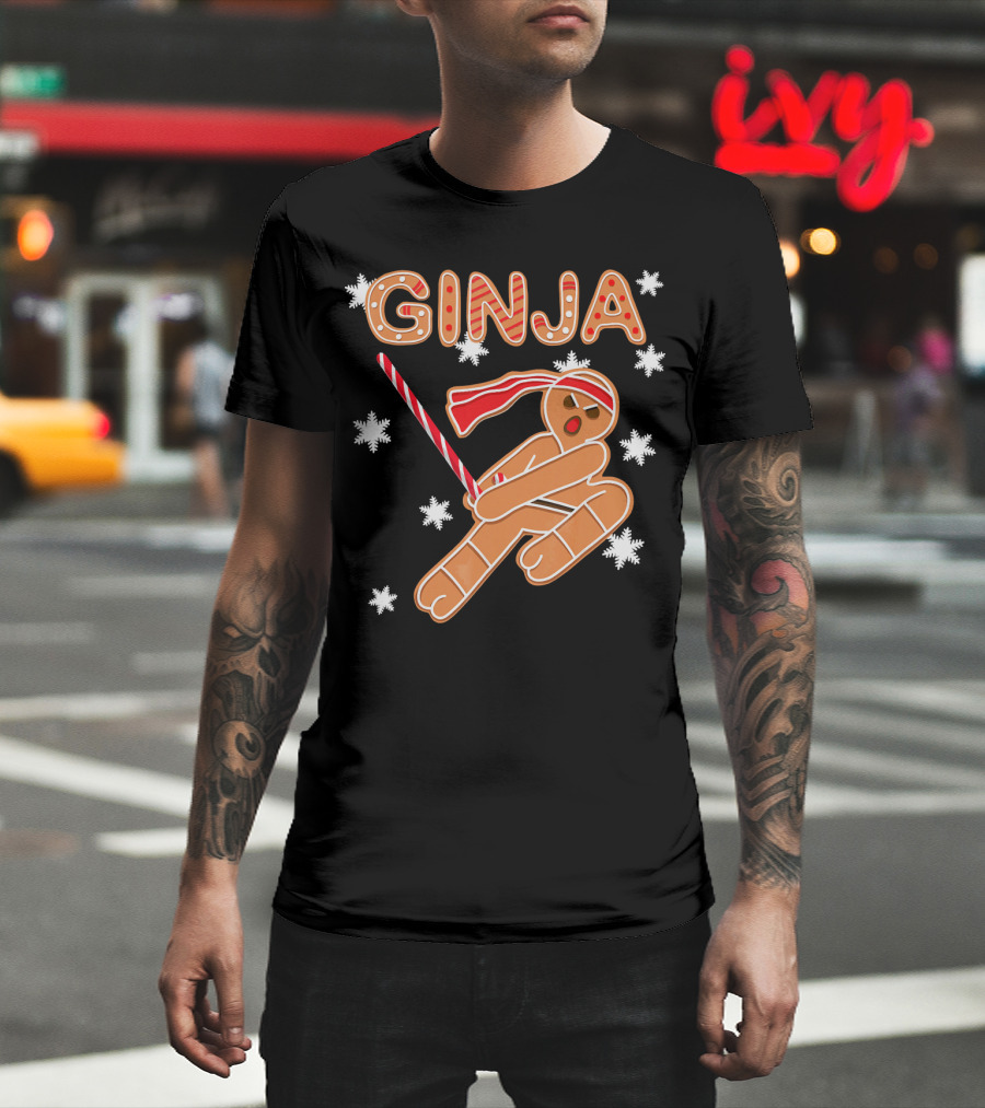 Gingerbread Ginja Funny Christmas Ninja Candy Cane Snowflakes T-Shirt
