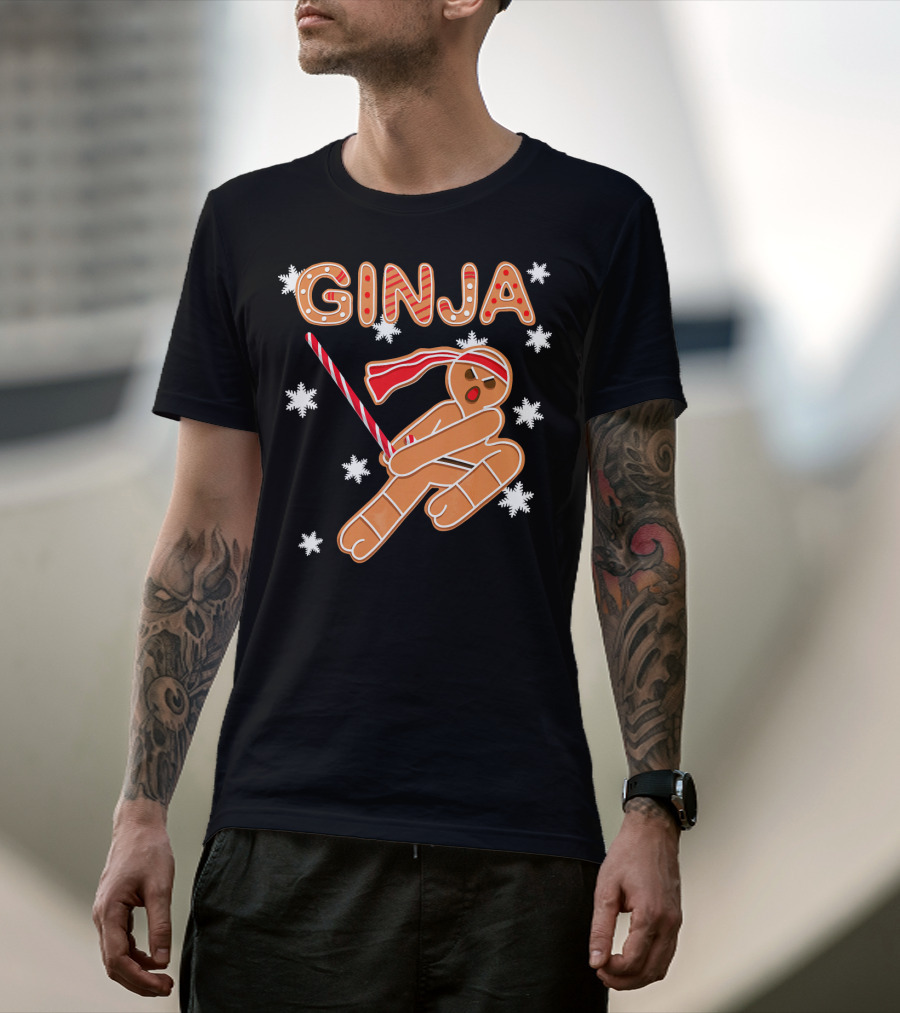 Gingerbread Ginja Funny Christmas Ninja Candy Cane Snowflakes T-Shirt
