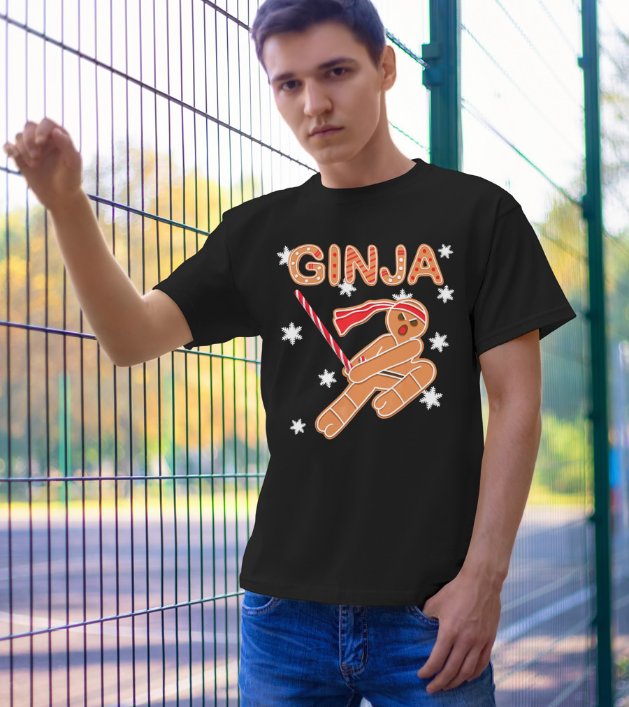 Gingerbread Ginja Funny Christmas Ninja Candy Cane Snowflakes T-Shirt