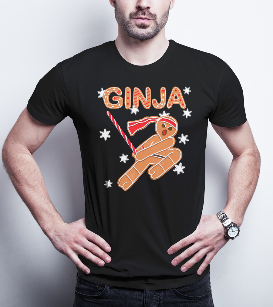 Gingerbread Ginja Funny Christmas Ninja Candy Cane Snowflakes T-Shirt