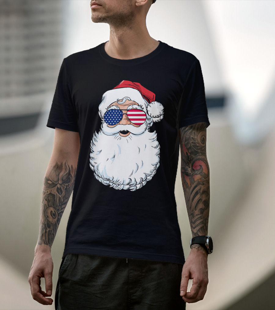 Santa Claus Patriotic USA Sunglasses Christmas T-Shirt