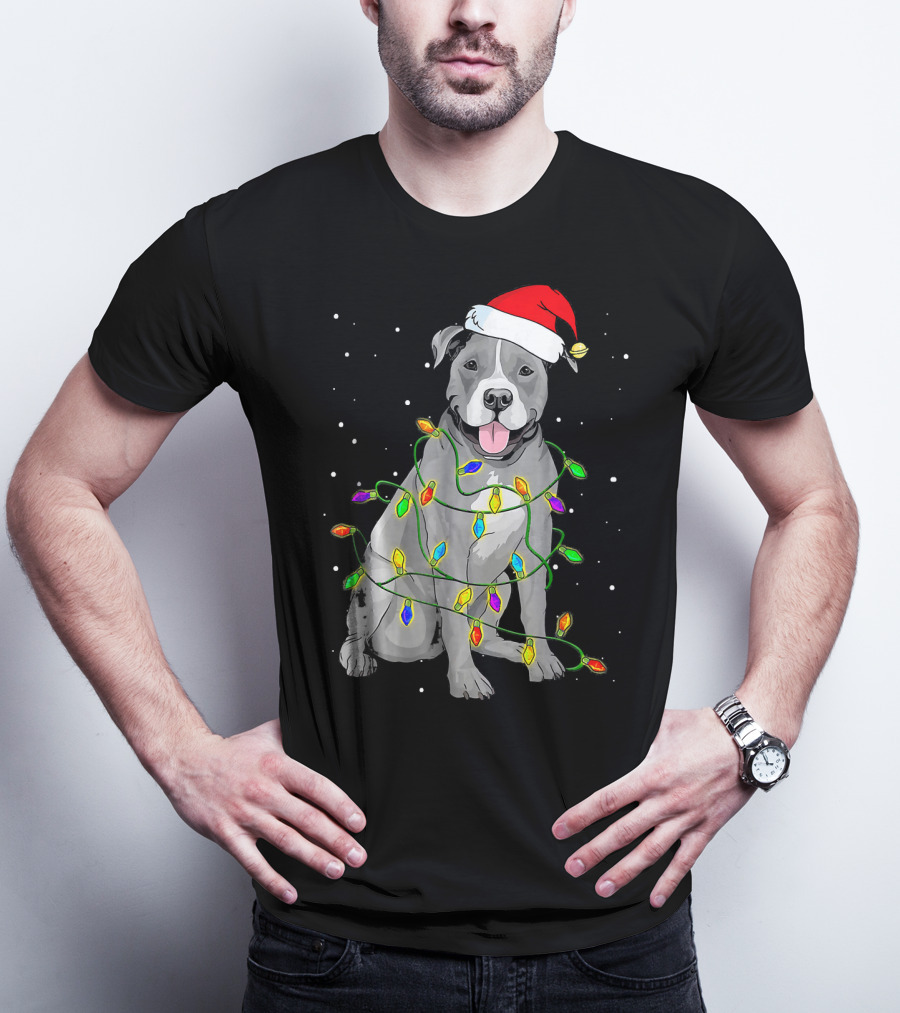 Pitbull In Santa Hat Wrapped In Christmas Lights With Snowy Background T-Shirt