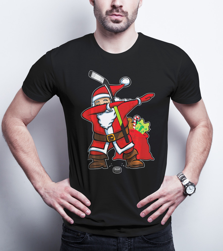 Santa Dabbing With Hockey Stick Christmas Hip Hop With Gifts And Hockey Puck T-Shirt