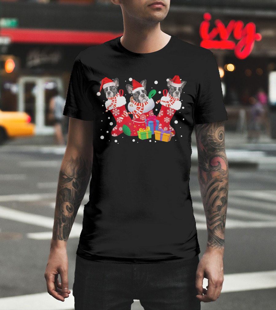 Three Boston Terrier In Santa Hat Stockings Christmas Gifts T-Shirt