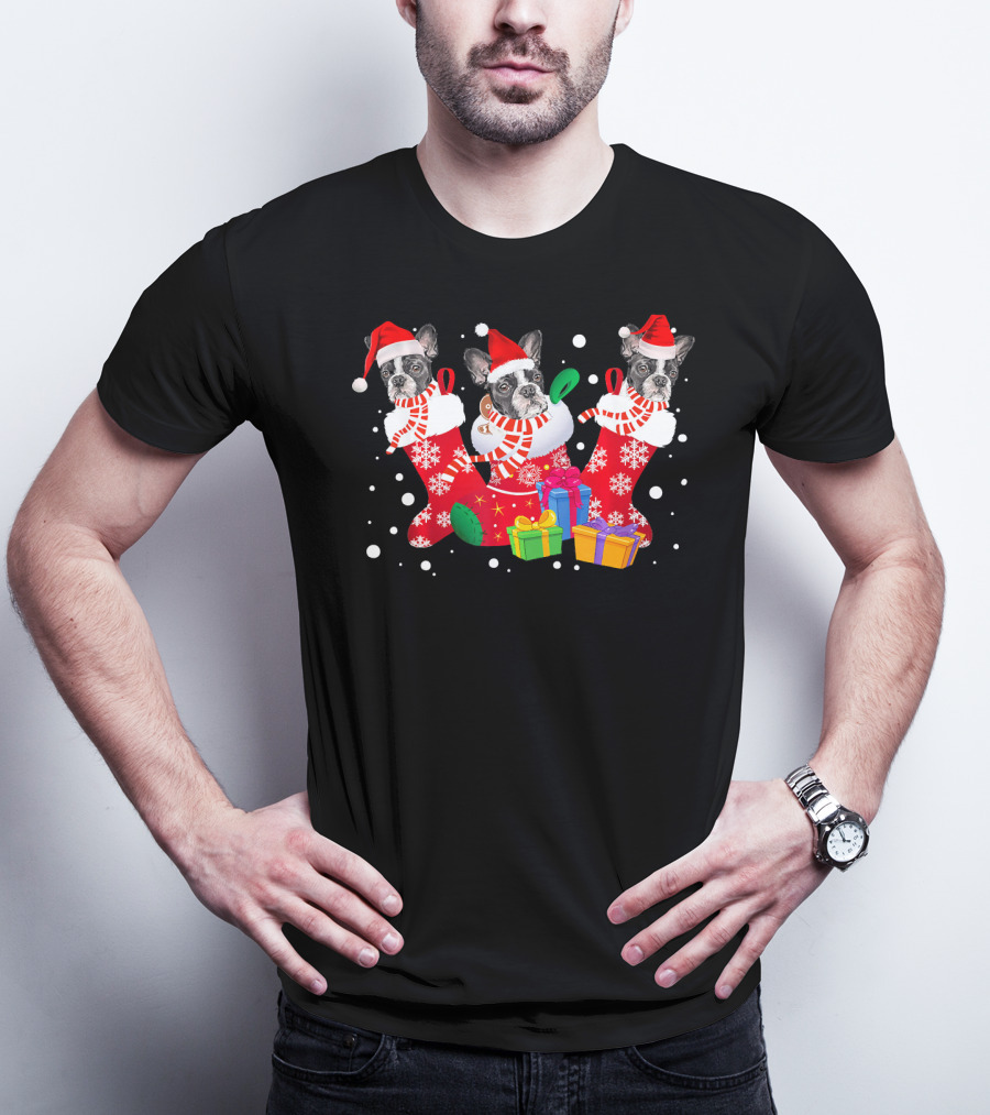 Three Boston Terrier In Santa Hat Stockings Christmas Gifts T-Shirt
