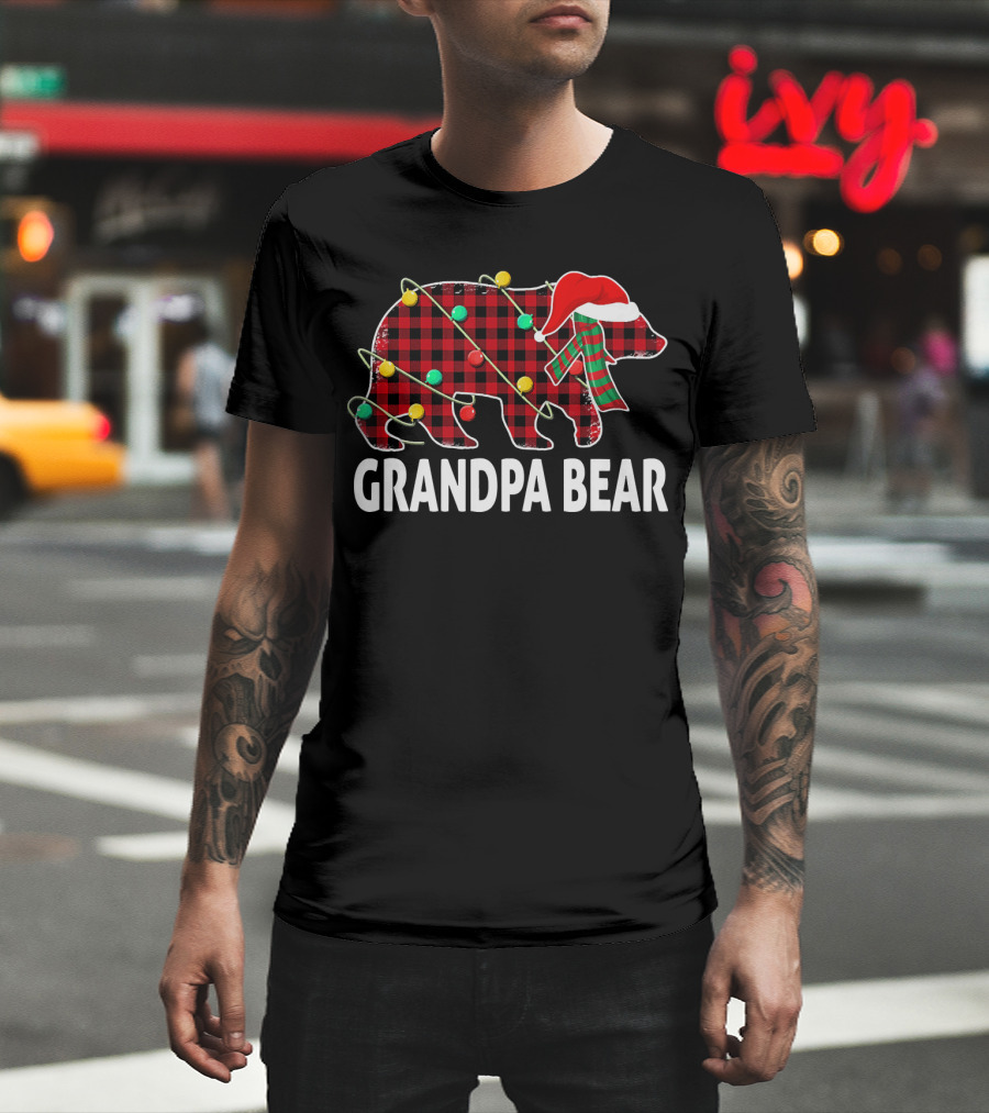 Grandpa Bear Plaid Christmas Hat Family Holiday Lights T-Shirt