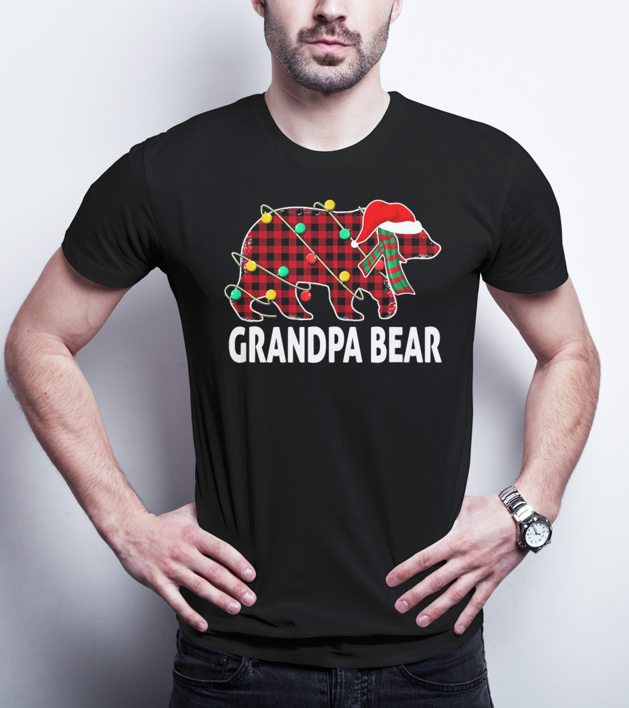 Grandpa Bear Plaid Christmas Hat Family Holiday Lights T-Shirt