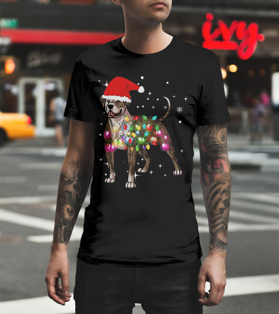 Christmas Lights American Bulldog Santa Hat Snowflakes T-Shirt