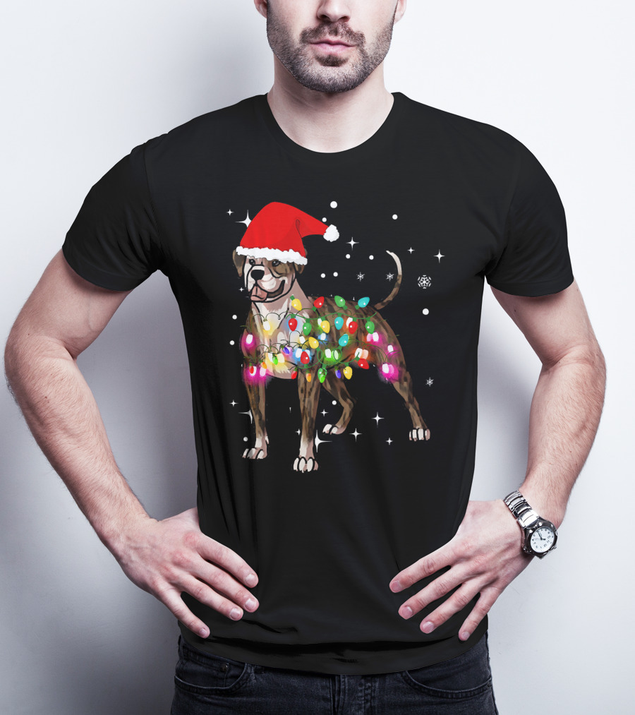 Christmas Lights American Bulldog Santa Hat Snowflakes T-Shirt