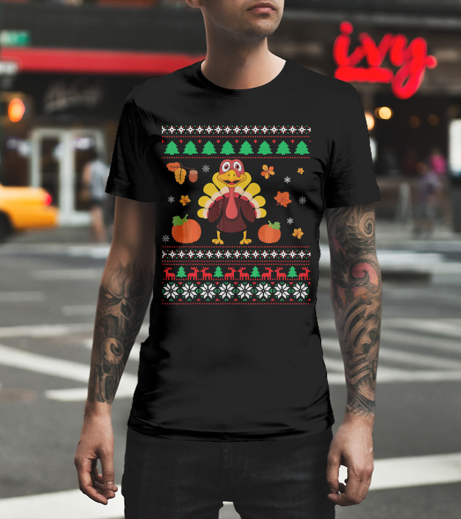 Thanksgiving Turkey Ugly Christmas Sweater Design With Pumpkins And Autumn Leaves T-Shirt