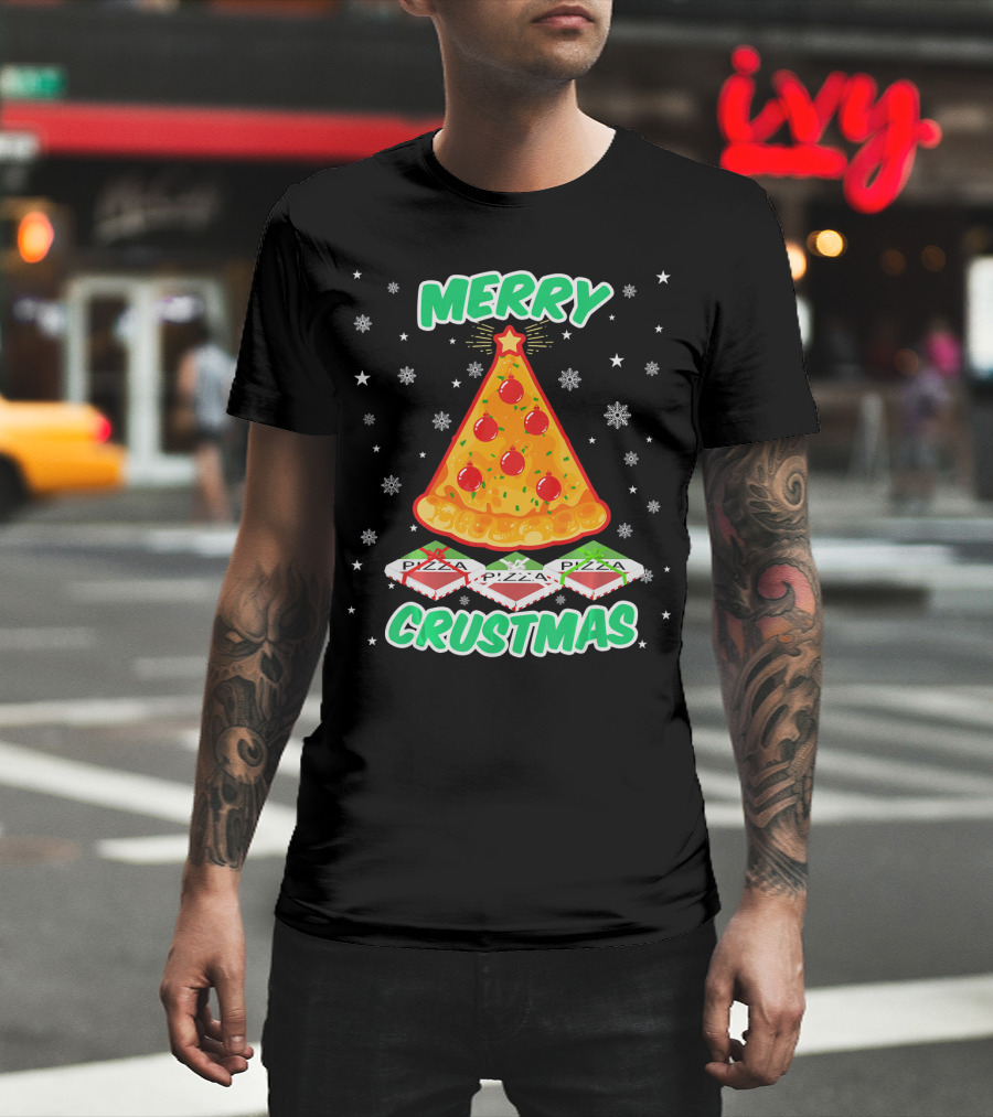 MERRY CRUSTMAS Funny Pizza Christmas Tree With Snowflakes And Pizza Boxes T-Shirt