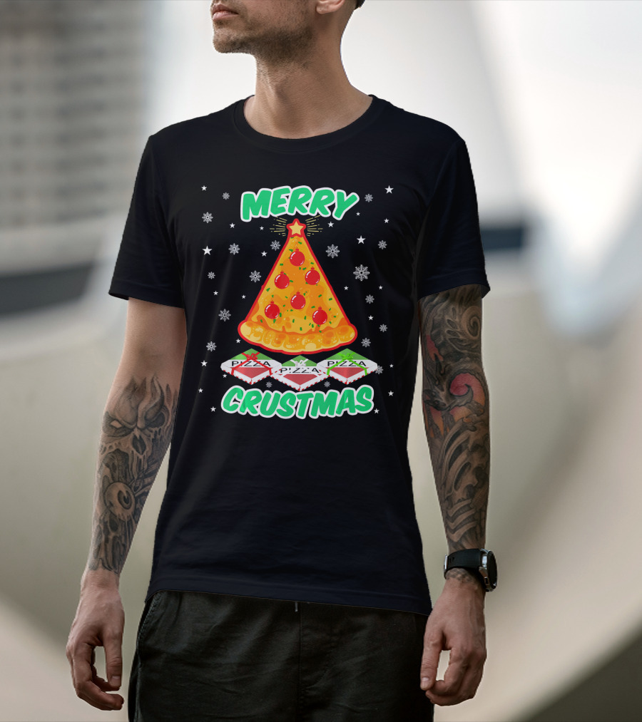 MERRY CRUSTMAS Funny Pizza Christmas Tree With Snowflakes And Pizza Boxes T-Shirt