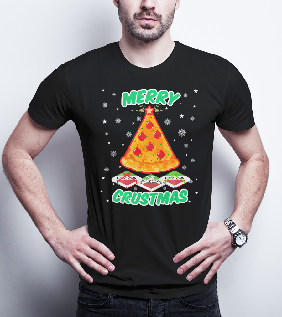 MERRY CRUSTMAS Funny Pizza Christmas Tree With Snowflakes And Pizza Boxes T-Shirt