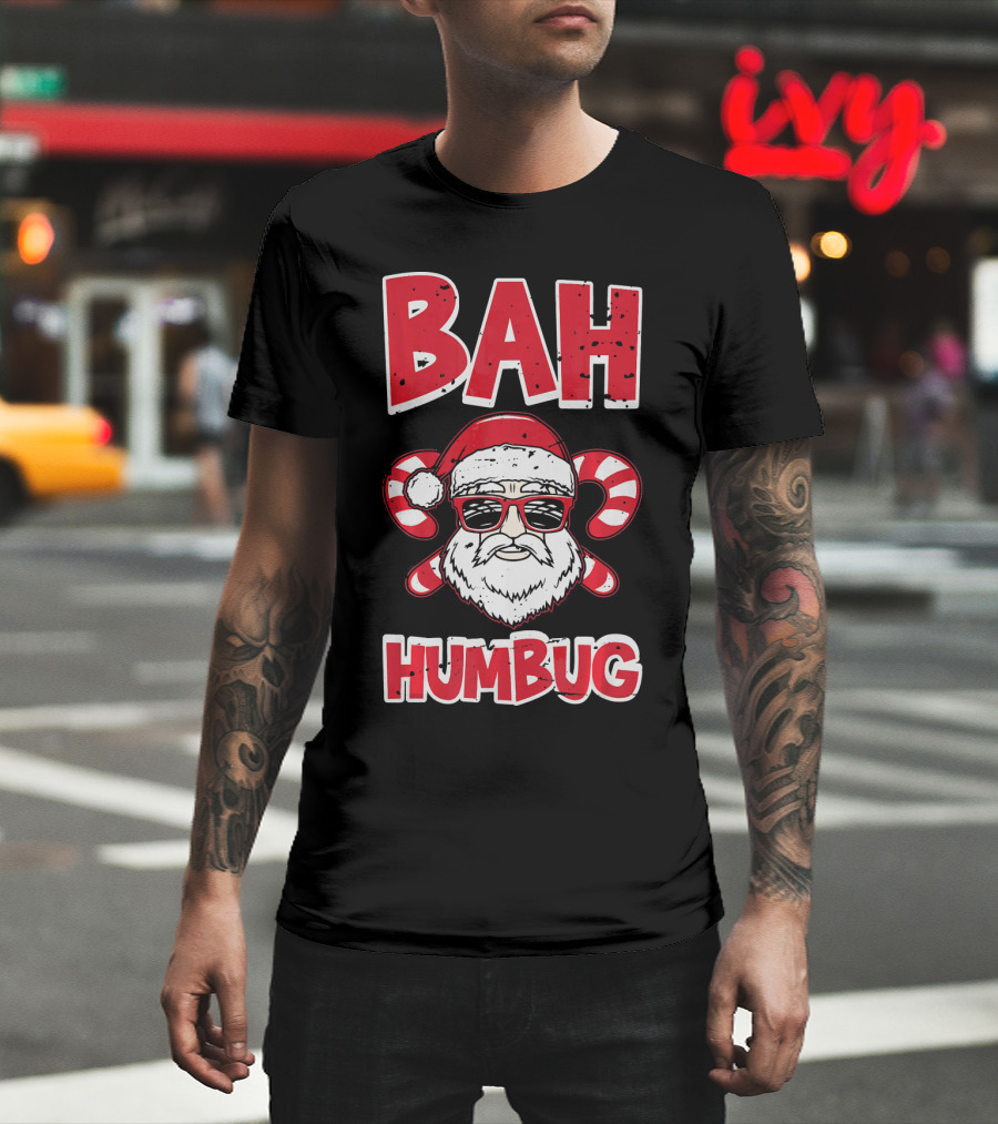 Bah Humbug Santa Candy Cane Glasses T-Shirt