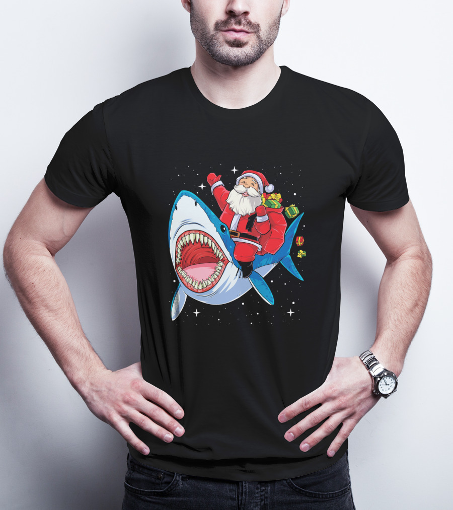 Santa Claus Riding A Shark With Gifts T-Shirt