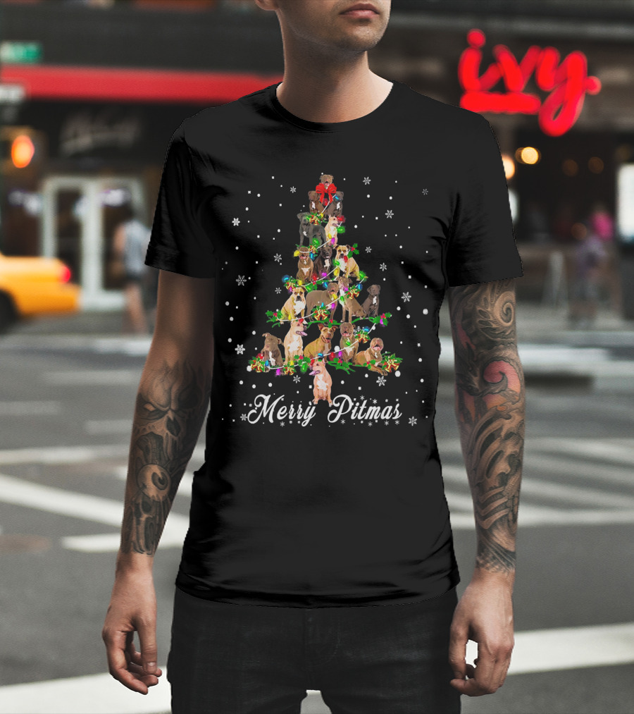 Merry Pitmas Pitbull Christmas Tree With Snowflakes And Holiday Decorations T-Shirt