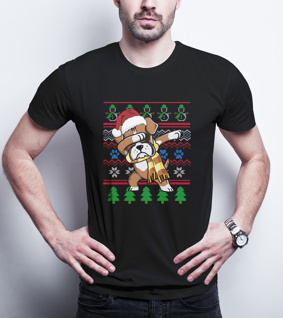 Xmas Boxer Dabbing Santa Hat UglyStyle Sweater Pattern Snowflakes Trees T-Shirt