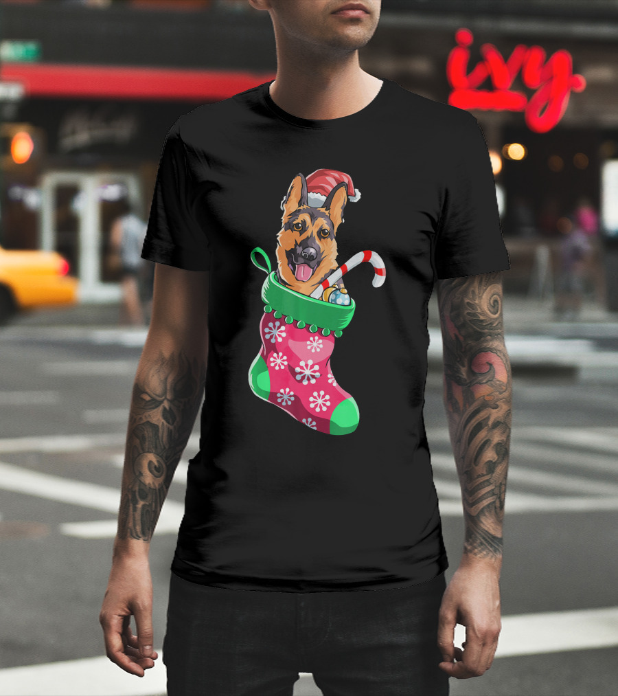 German Shepherd In Christmas Santa Hat Stocking With Candy Cane T-Shirt