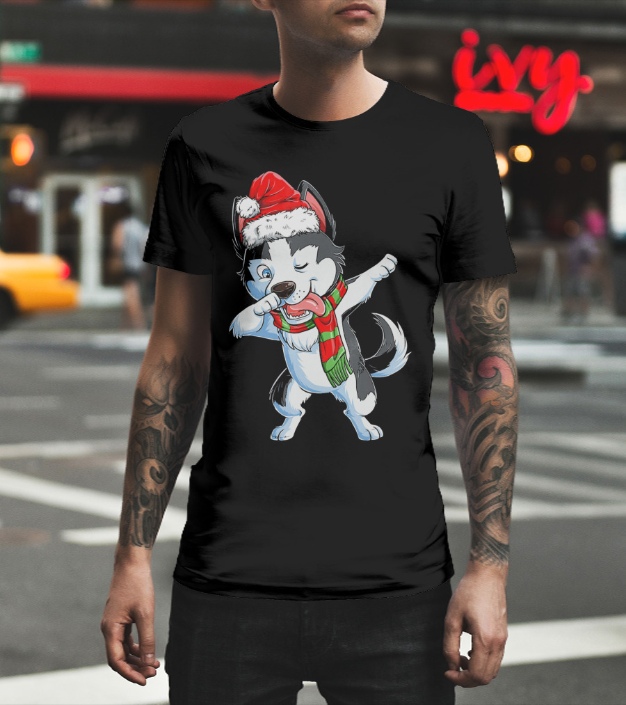 Dabbing Siberian Husky Santa Christmas Dog With Scarf T-Shirt