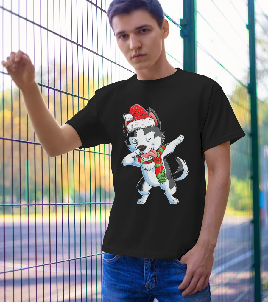 Dabbing Siberian Husky Santa Christmas Dog With Scarf T-Shirt
