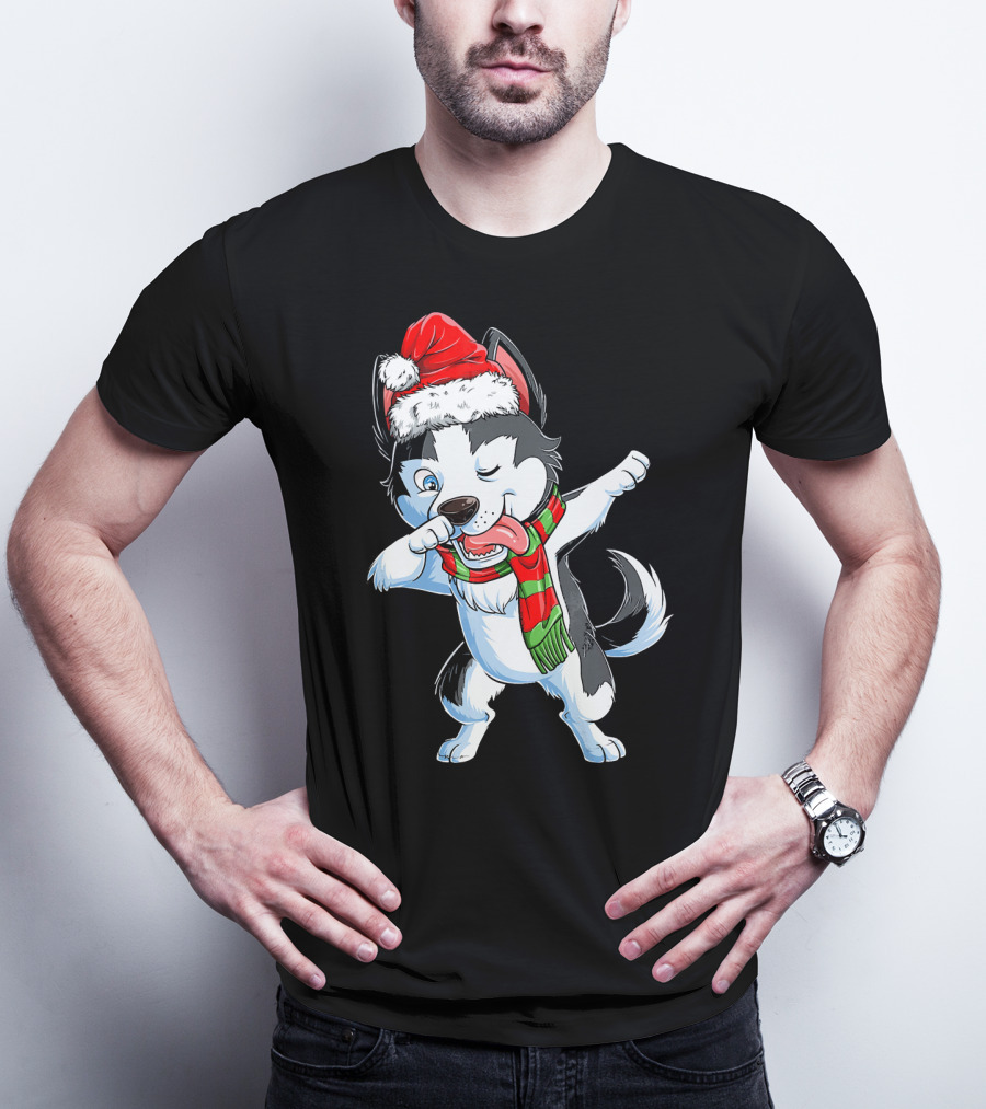 Dabbing Siberian Husky Santa Christmas Dog With Scarf T-Shirt