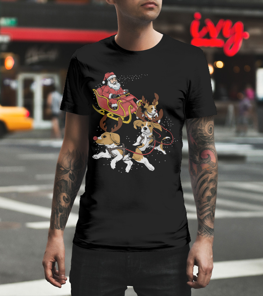 Santa's Sleigh With Beagle Reindeer Trio T-Shirt