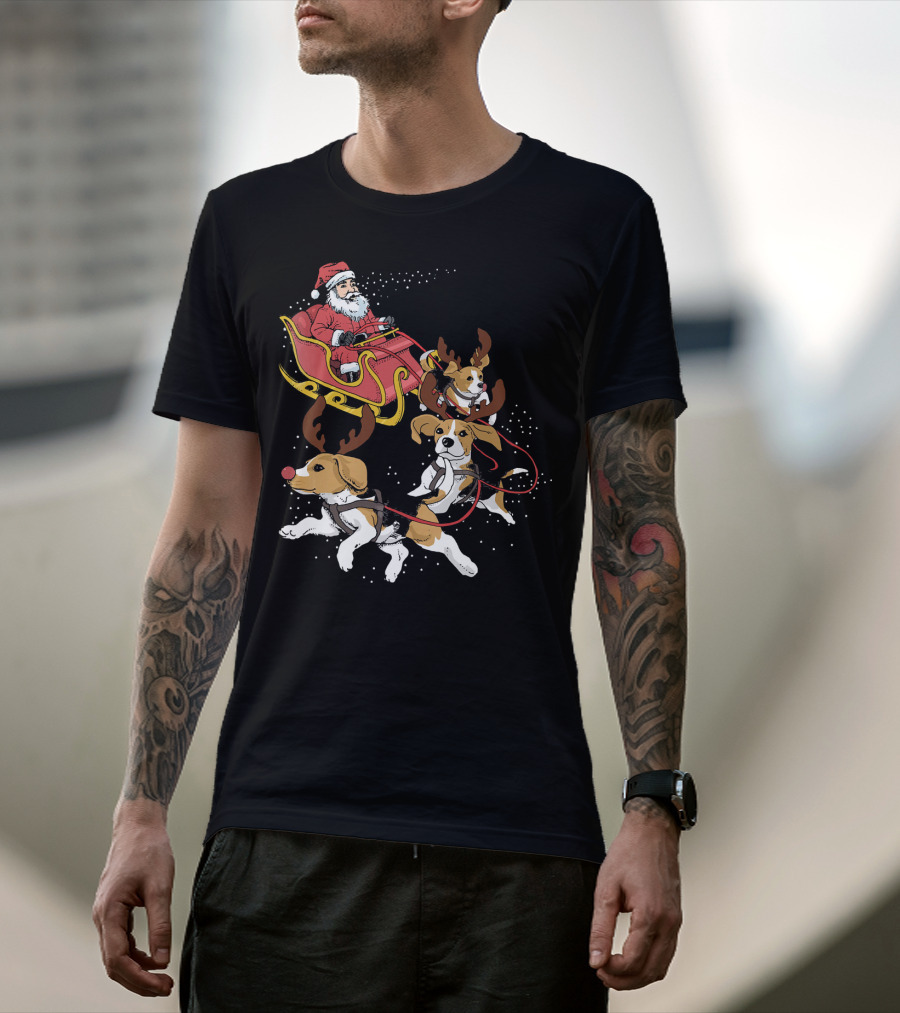 Santa's Sleigh With Beagle Reindeer Trio T-Shirt
