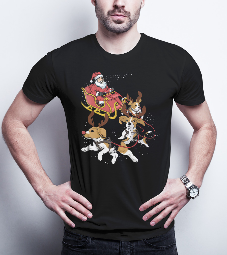 Santa's Sleigh With Beagle Reindeer Trio T-Shirt