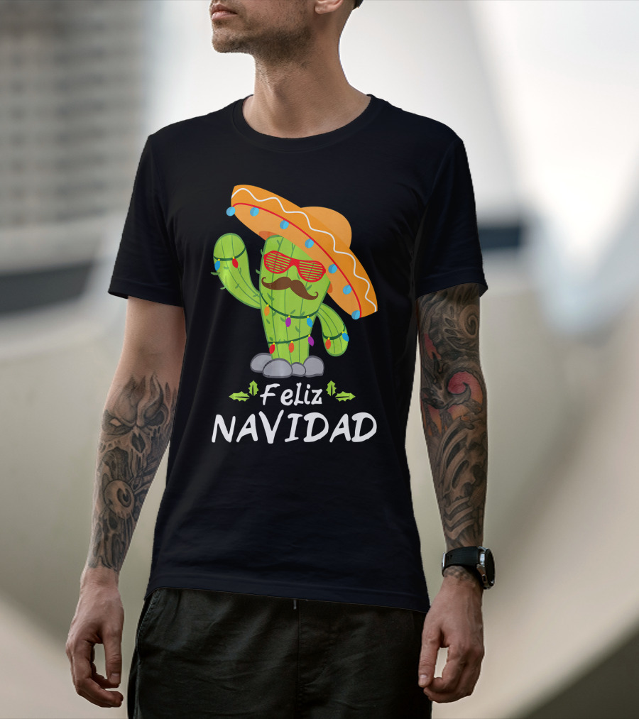 Feliz Navidad Cactus Mexican Tree Christmas Sombrero Lights T-Shirt