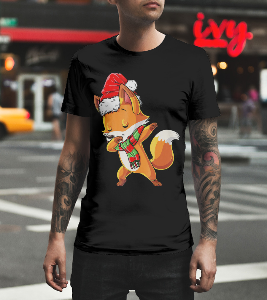 Christmas Dab Fox With Santa Hat And Scarf T-Shirt