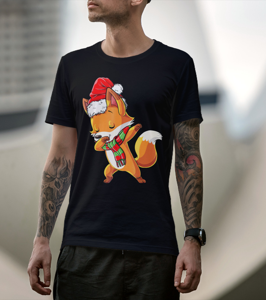 Christmas Dab Fox With Santa Hat And Scarf T-Shirt