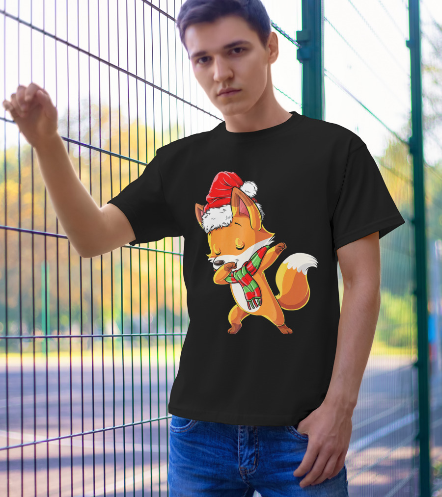 Christmas Dab Fox With Santa Hat And Scarf T-Shirt