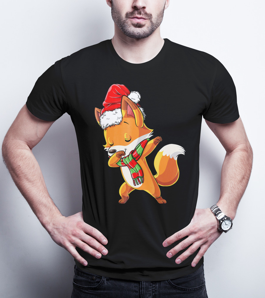 Christmas Dab Fox With Santa Hat And Scarf T-Shirt