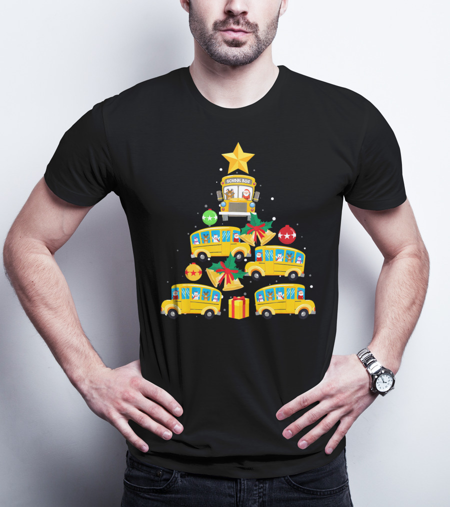 School Bus Christmas Tree With Santa Reindeer Ornaments And Gifts T-Shirt
