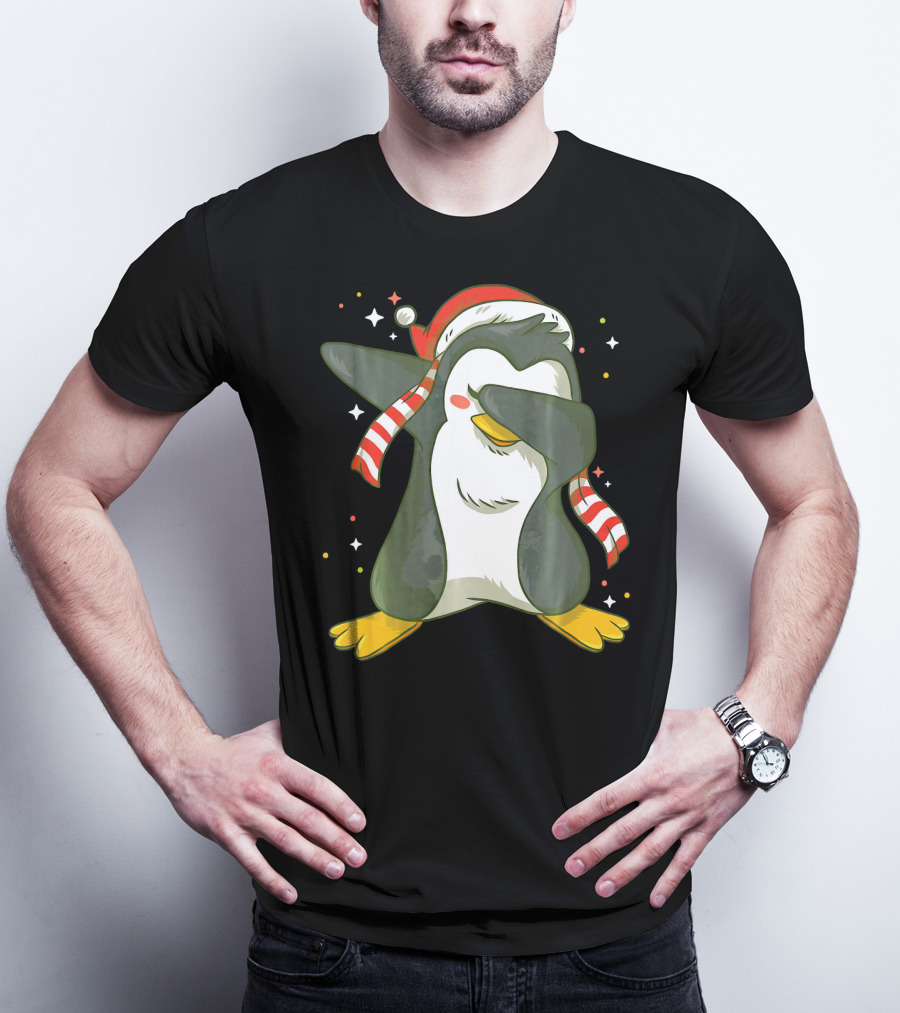 Christmas Xmas Santa Claus Penguin Dabbing Scarf Santa Hat T-Shirt
