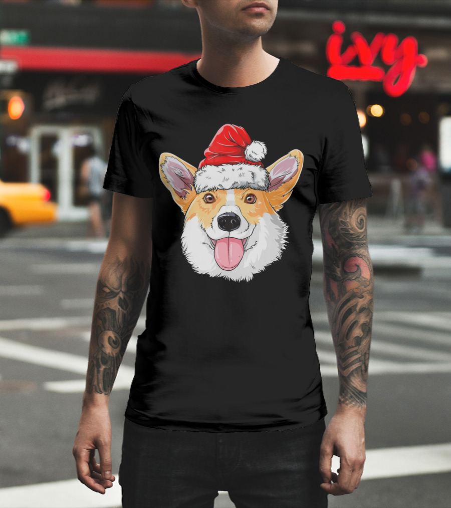 Corgi Wearing Santa Hat T-Shirt