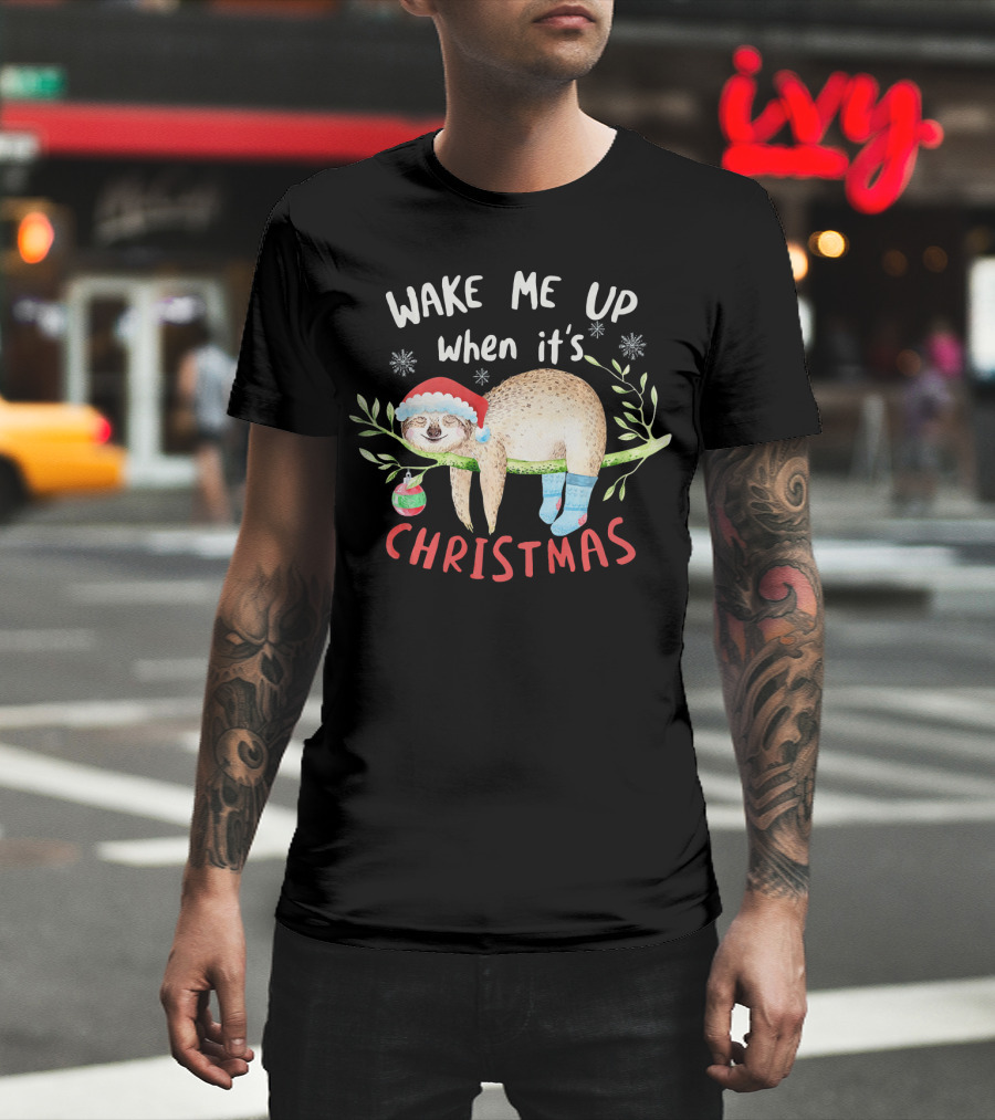 Wake Me Up When It's Christmas Cute Sloth With Santa Hat T-Shirt