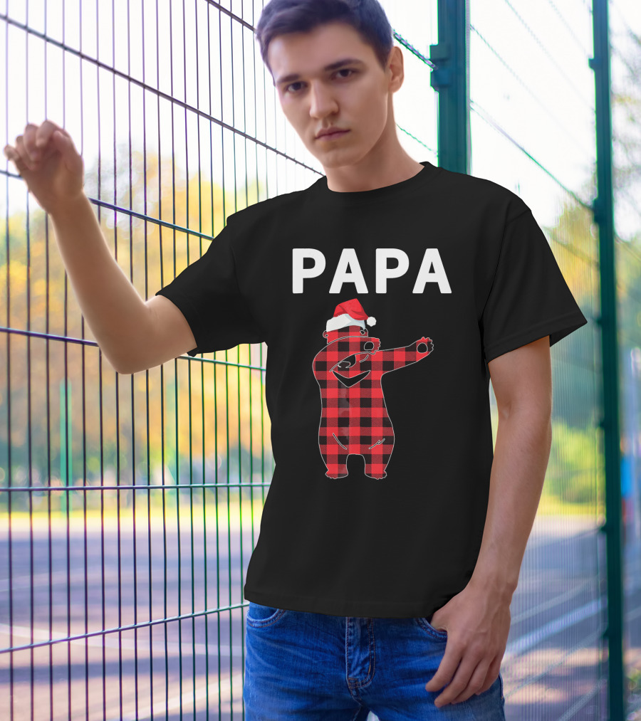 PAPA Bear Plaid Santa Hat Christmas Dabbing T-Shirt