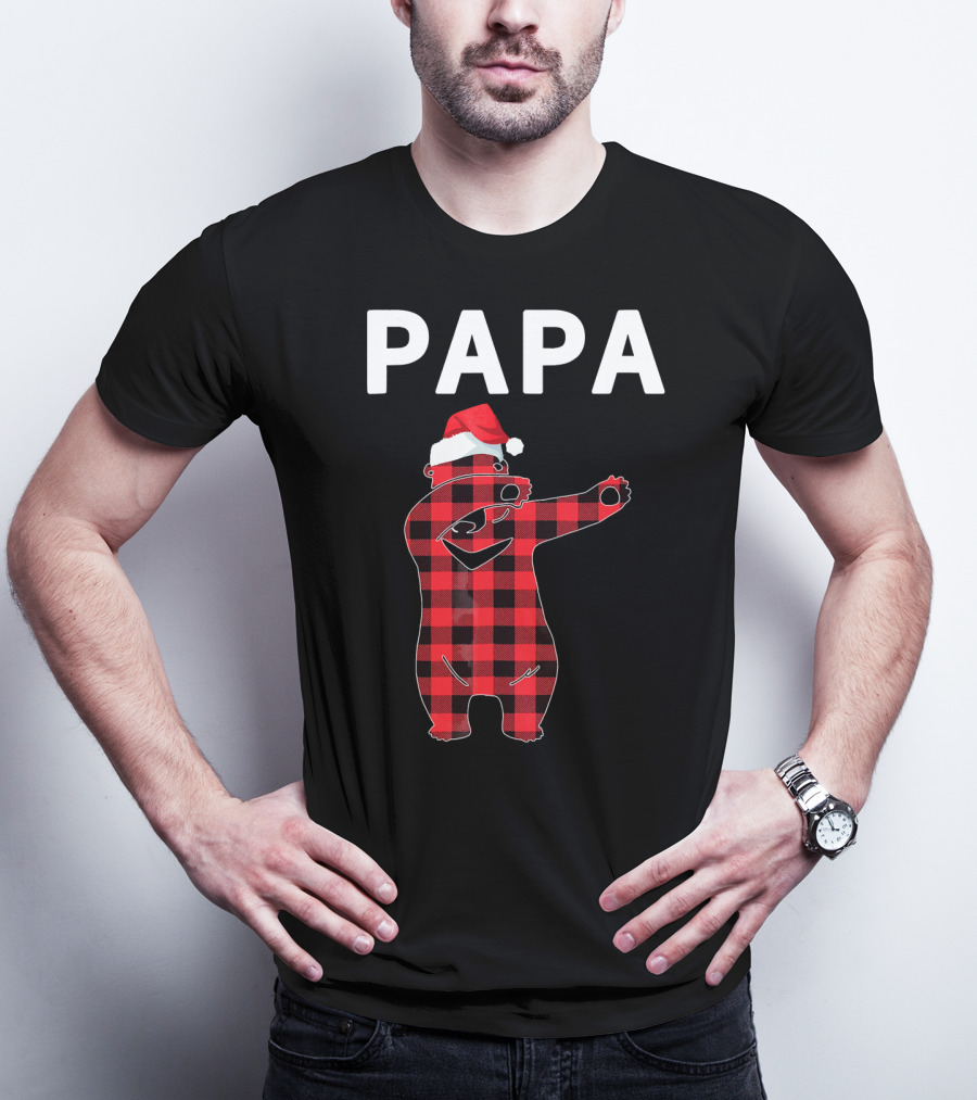 PAPA Bear Plaid Santa Hat Christmas Dabbing T-Shirt