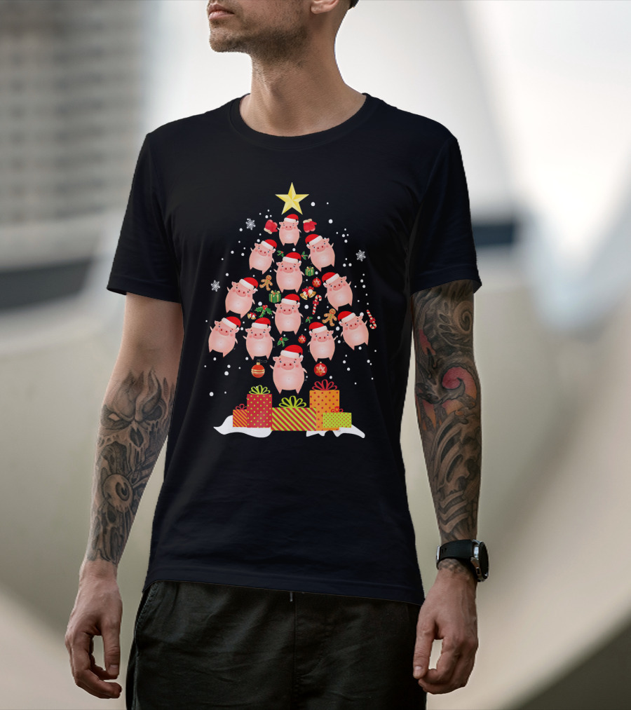 Christmas Tree Of Santa Hat Pigs With Gifts And Snowflakes T-Shirt