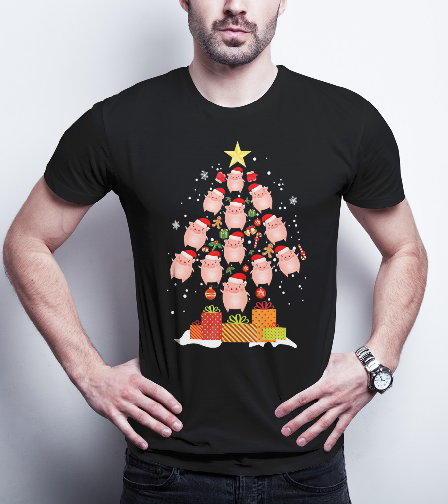 Christmas Tree Of Santa Hat Pigs With Gifts And Snowflakes T-Shirt