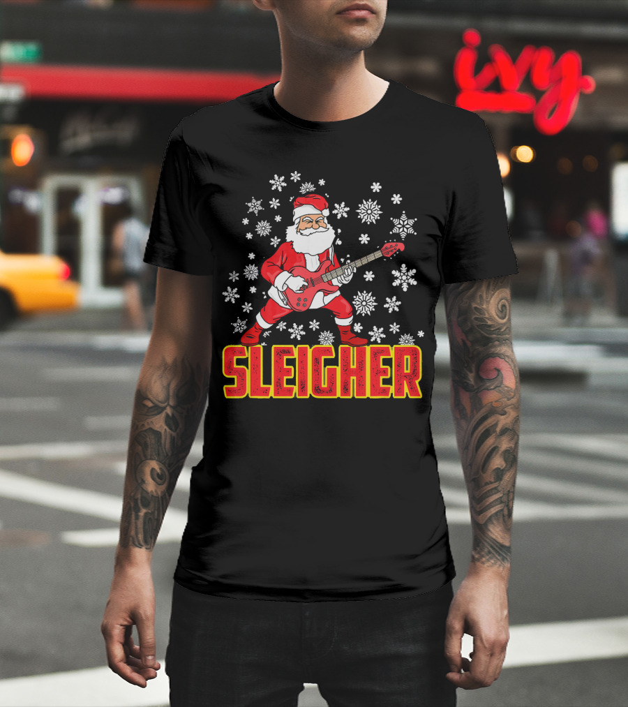 Sleigher Santa Claus With Guitar And Snowflakes T-Shirt