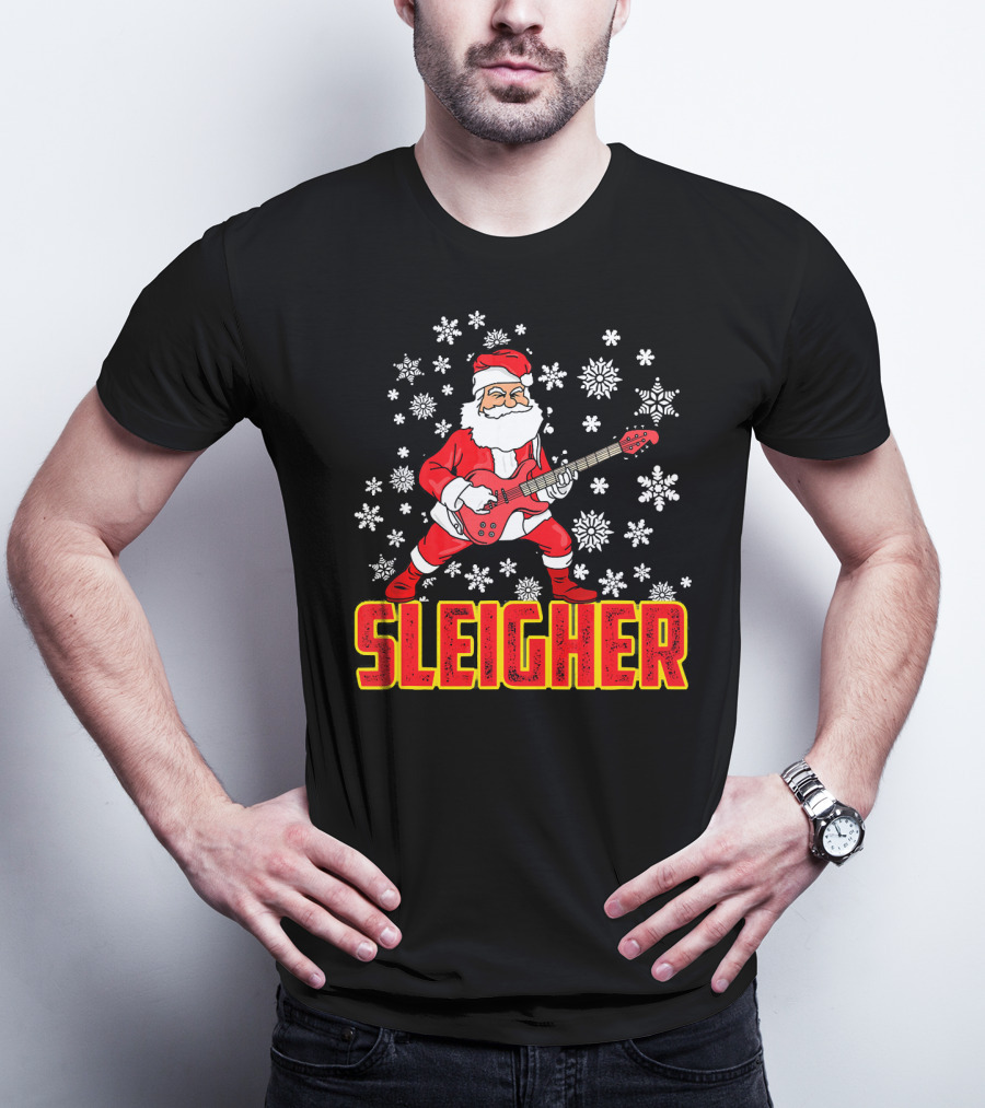 Sleigher Santa Claus With Guitar And Snowflakes T-Shirt