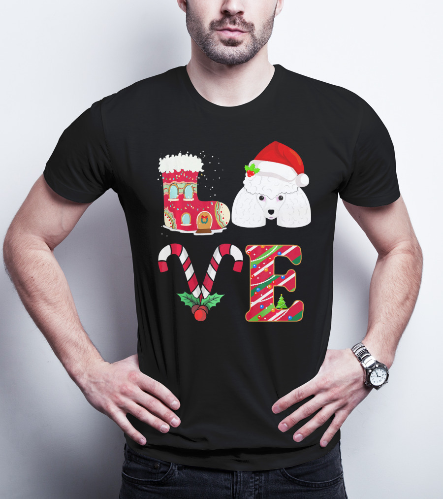 I Love My Poodle Funny Christmas Poodle Candy Cane Santa Hat Holiday Boot T-Shirt