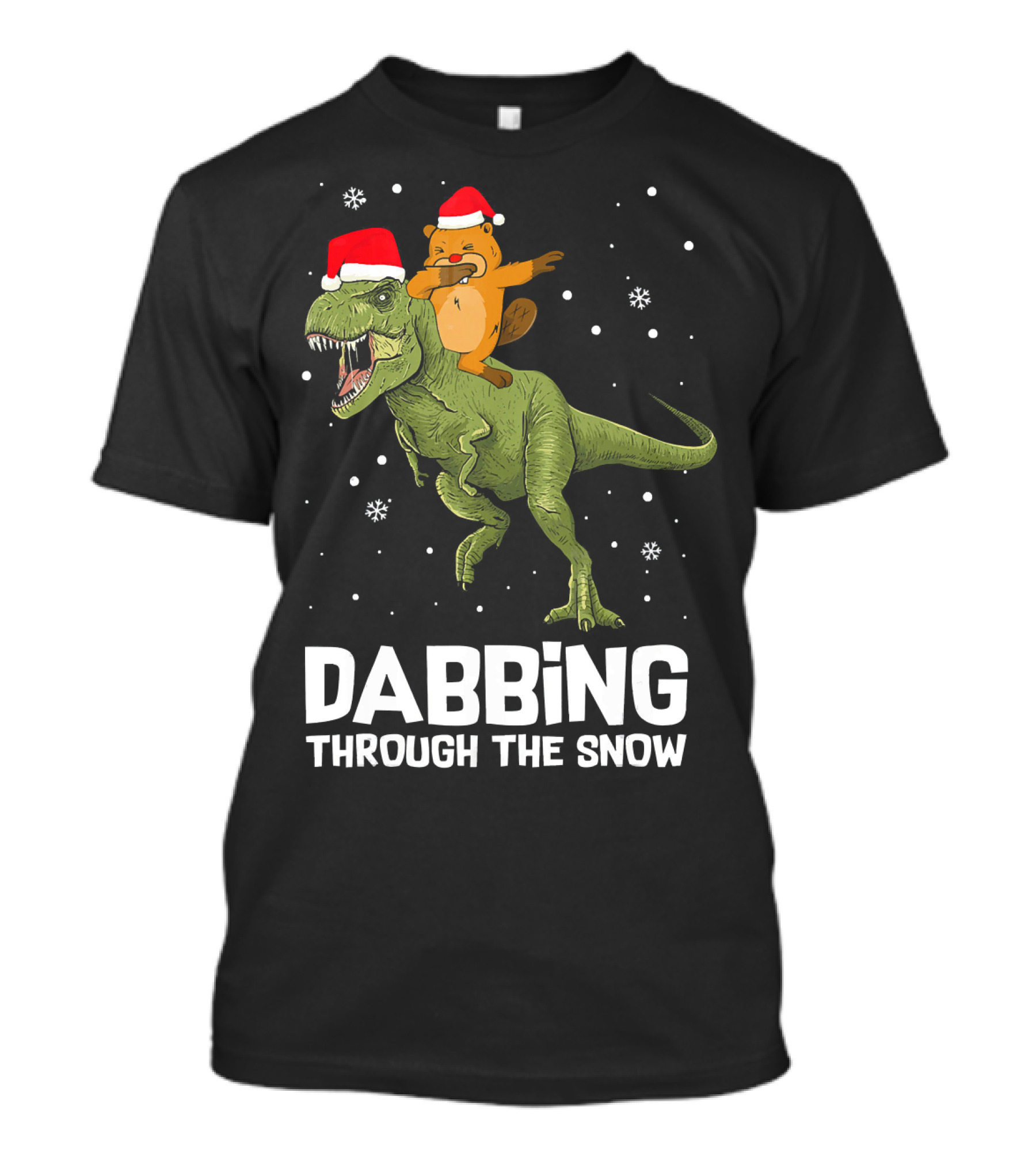 Beaver Dabbing On Dinosaur Wearing Santa Hats Dabbing Through The Snow T-Shirt
