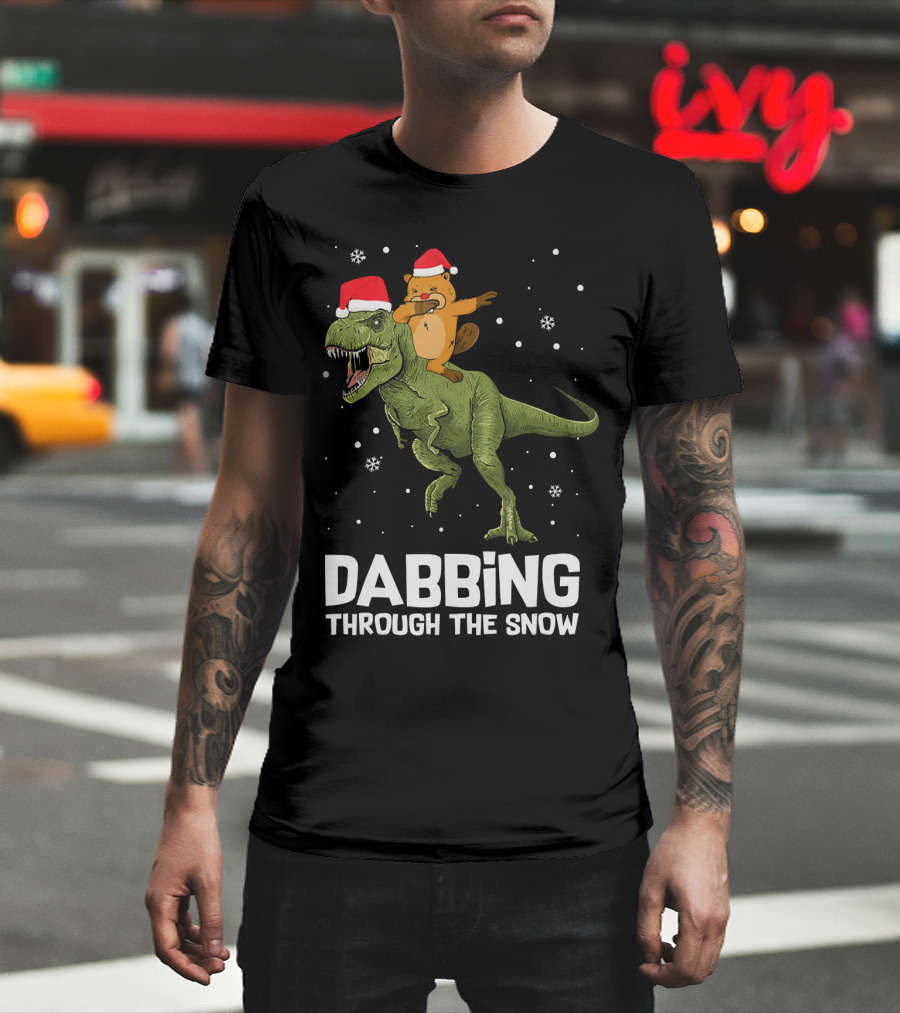 Beaver Dabbing On Dinosaur Wearing Santa Hats Dabbing Through The Snow T-Shirt